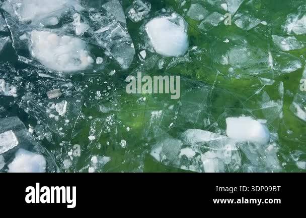 Icy water texture background. Broken ice pieces floating on green water ...
