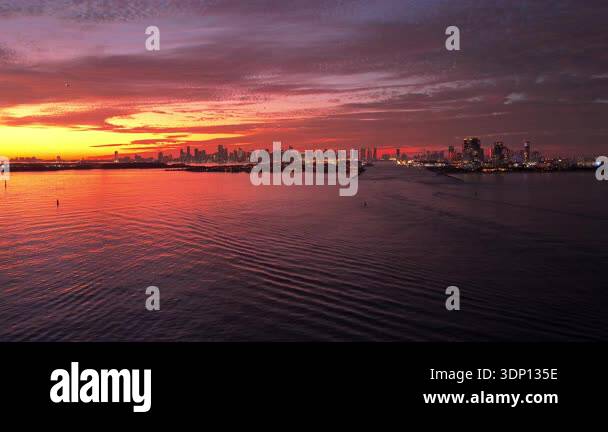 Miami sunset aerial sea. City skyline view. Sunrise cityscape. Sunset ...