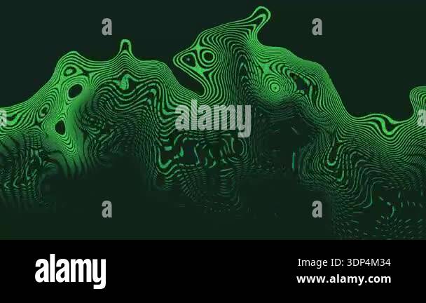 Digital abstract background with wavy green contour lines pattern black ...