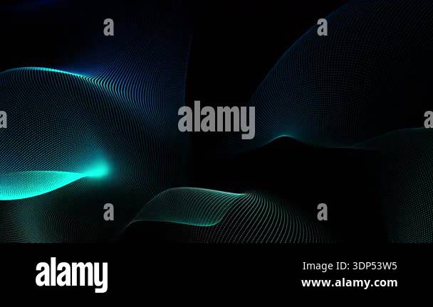 Flowing Luminous teal and blue particle waves flow through a dark ...
