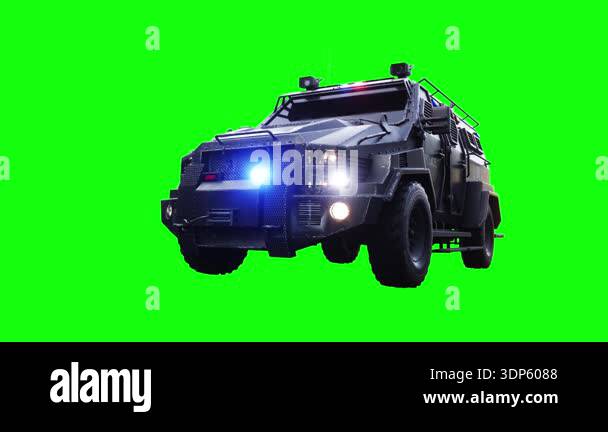 Static armor swat police car green screen isolate. Realistic flashing ...