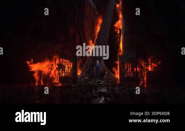 Man in hell. Sinner. A lonely sinfull man stands in front of a hell ...
