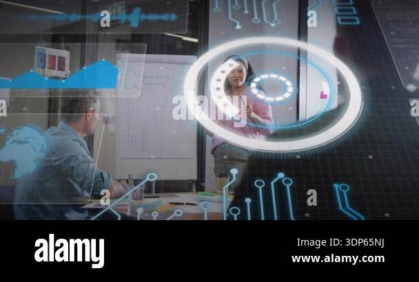 Mid adult woman picking marker, initiating AR data charts around ...