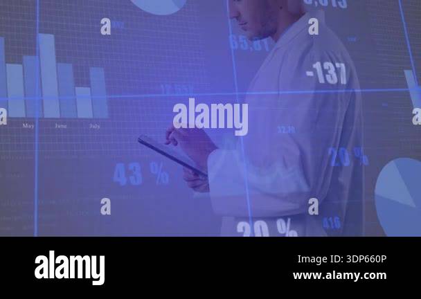 Data analyst tapping tablet, updating animated finance bar charts while ...