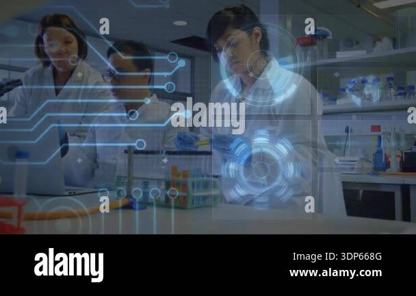 Lab scientists analyzing data as blue HUD overlays emerging, scrolling ...