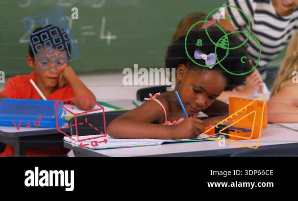 Teacher handing pencil to student, girl writing math with animated ...