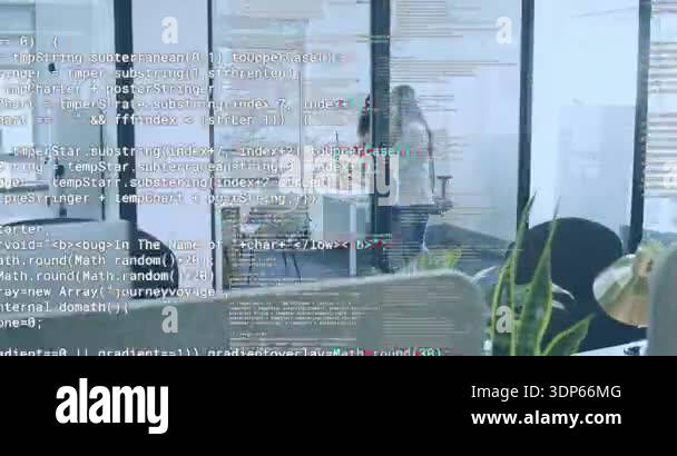 Transparent code overlay pulsing while team reviewing tablet layout for ...