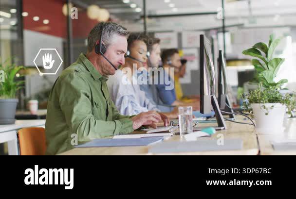 Call center agent in green shirt typing and visualizing floating eco ...