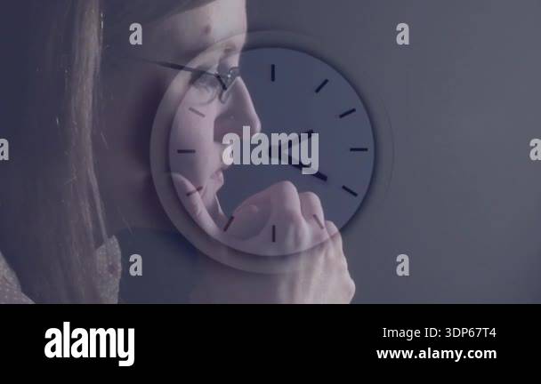 Animation of clock ticking fast over caucasian woman worrying. Time ...