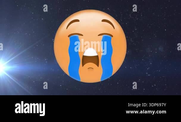Crying emoji emerging from starry space flowing blue tears and lens ...