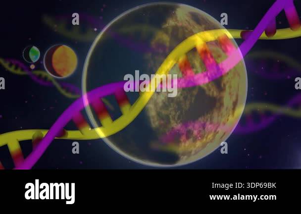Planets appearing sparking color strands intertwining DNA helix ...