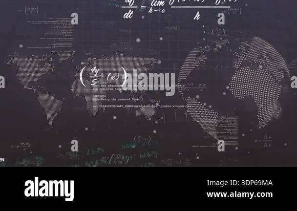 Derivative formula fading overlays world map curved line arcing over ...