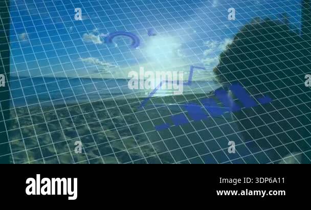 Sun rising causing floating grid, charts growing, pie forming, bars ...