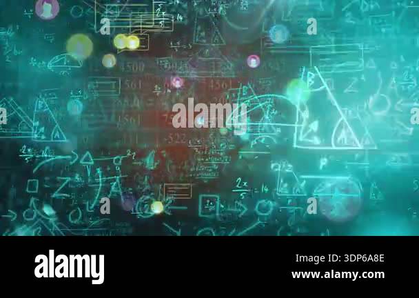 Opening chalkboard formulas glowing, avatar icons drifting, clustering ...
