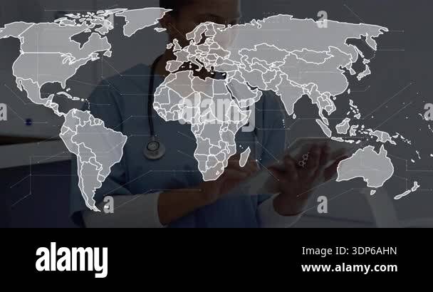 clinician tapping tablet world map showing borders and clusters linking ...