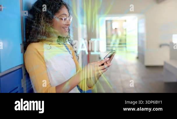 Student scrolling smartphone in education hallway initiating AI ...