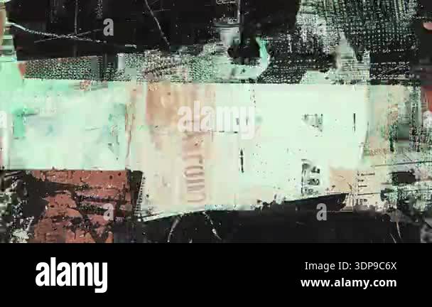 Dark grunge collage with turquoise paint stripe, distressed newspaper ...