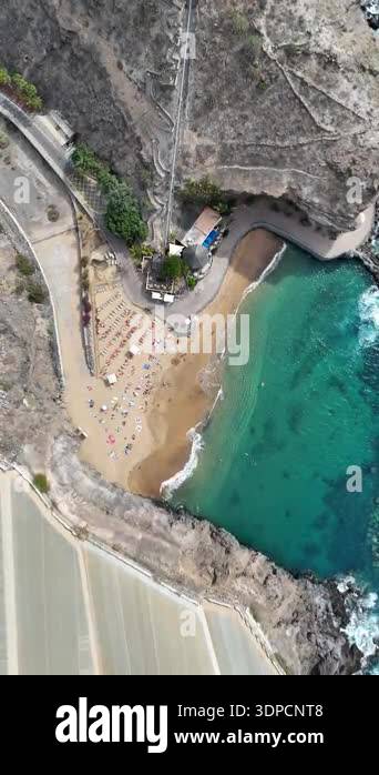 Vertical aerial drone view of Playa Abama beach in Tenerife Spain with ...