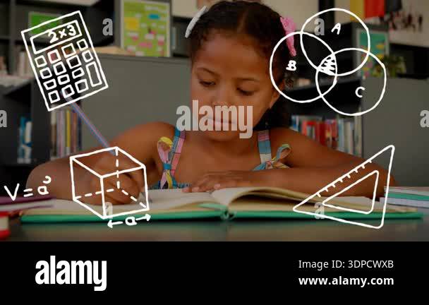 Girl lifting pencil and writing in library, with calculator and cube ...
