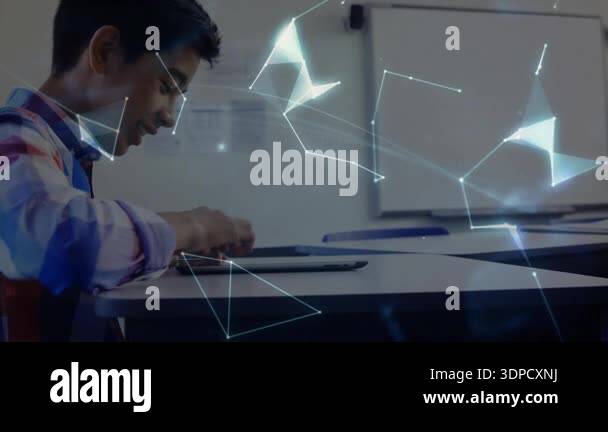 Teenage boy tapping tablet screen and generating holographic data globe ...