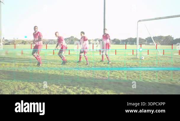Four male soccer players jogging into place forming wall as animated ...