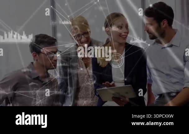 Ponytailed woman tapping tablet and team swiping charts for business ...