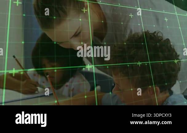 Teacher leaning over student desk pointing at workbook with animated ...
