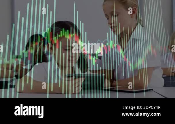 Teacher leaning guiding student tapping tablet while finance chart ...