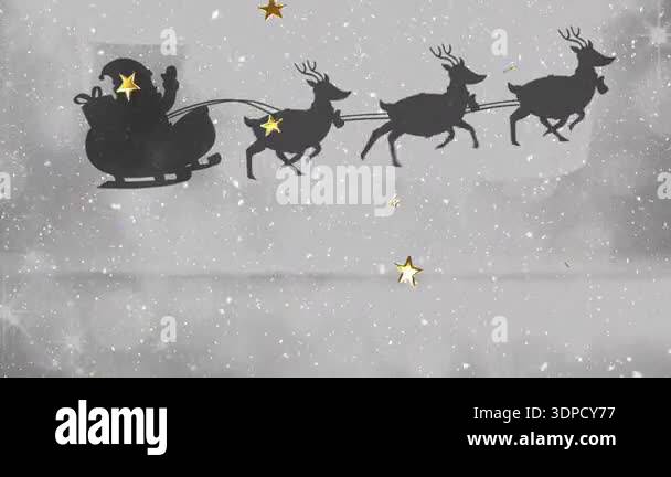 Animation of snow falling over santa claus in sleigh with reindeer ...