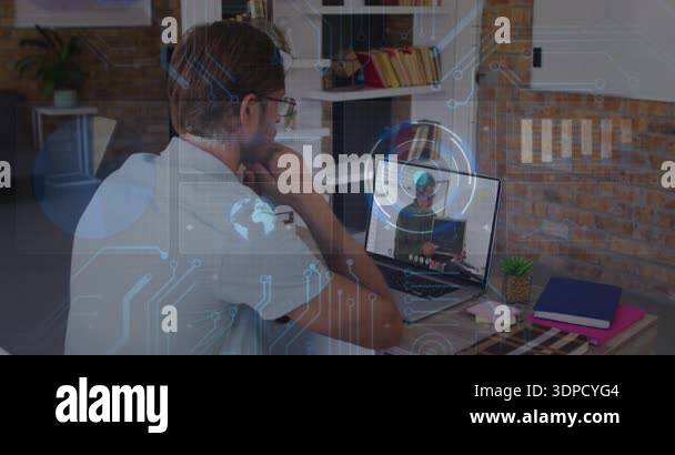 Animation of data processing over caucasian male teacher having a video ...