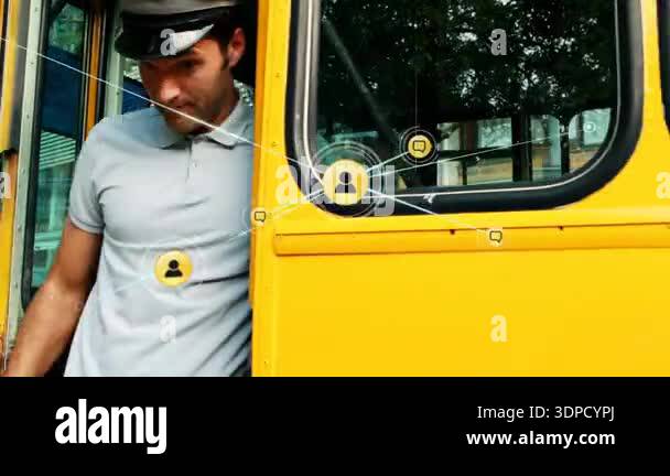 Animation of connections over caucasisan male bus driver having phone ...