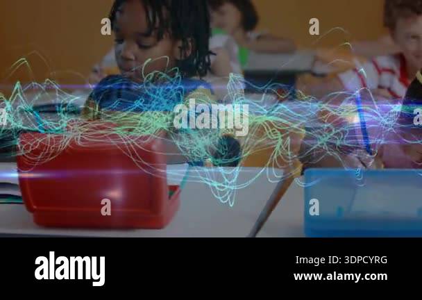 Elementary students writing notebooks under colorful data wave ...