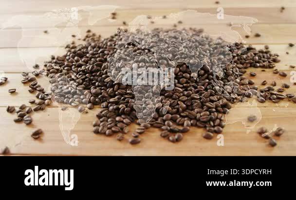 Camera framing coffee beans on plank, map overlay fading in across ...