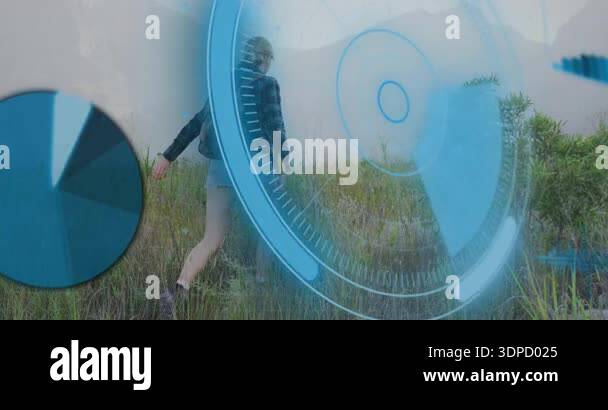 Hiker stepping into meadow, activating rotating AR tech radar overlay ...
