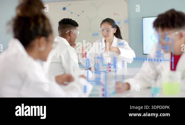 Female student picking up pipette initiating chemistry lab with overlay ...