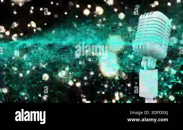 Animation of vintage microphone, waves and dots on black background ...