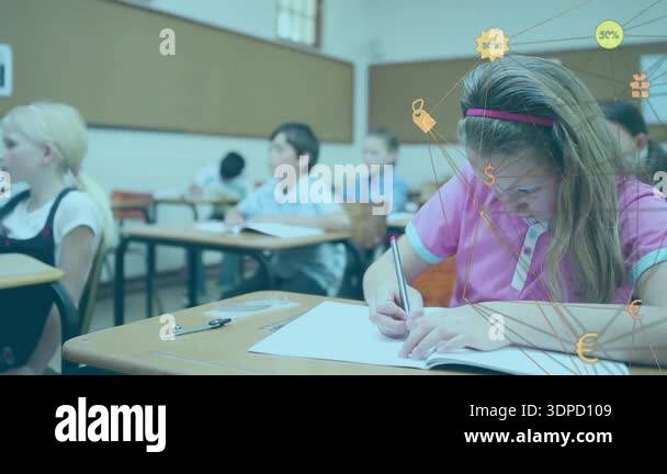 Primary school girl writing notebook activating animated commerce icons ...