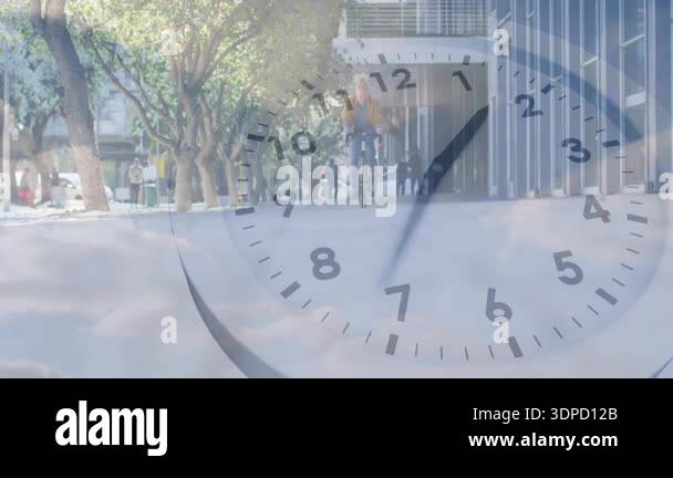 Clock ticking over american flag and delivery scape against white ...