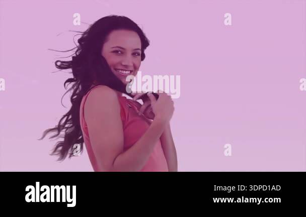 Portrait of caucasian woman smiling against blue background composite ...