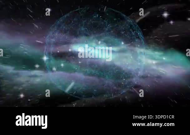Animation of globe of network of connections against shining stars in ...