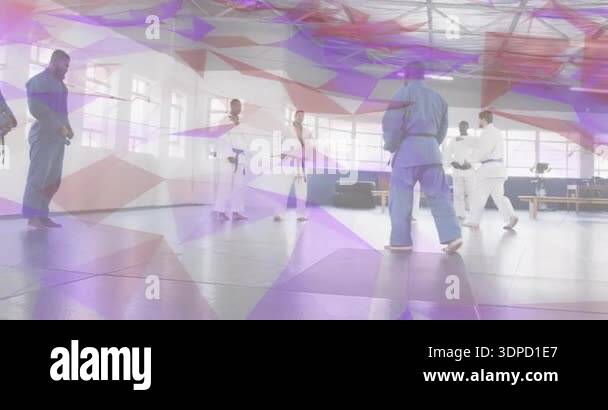judo instructor demonstrating stance dojo, students executing foot ...