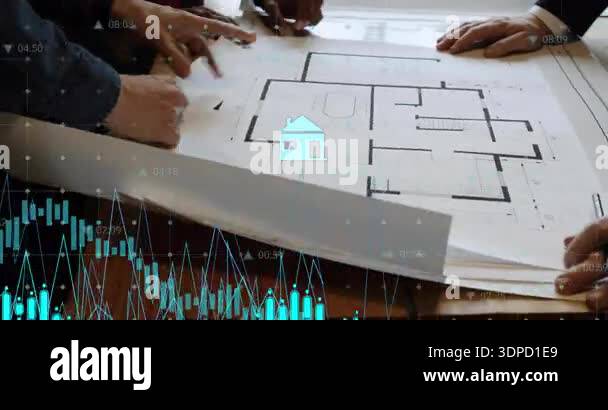 Architects unrolling blueprint revealing animated house chart fuel ...