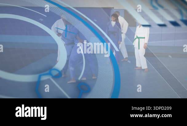 Digital overlay sweeping screen revealing martial arts instructors ...