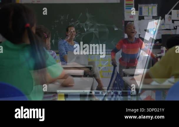 Boy raising hand unfolding US flag in classroom, digital globe nodes ...