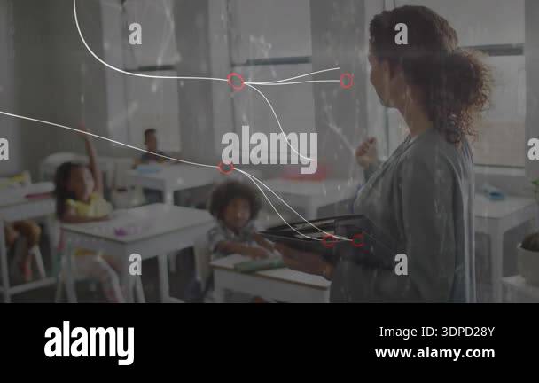 Teacher raising hand in classroom and initiating network overlay ...