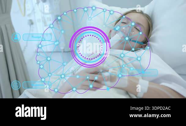 Patient lying supine on hospital bed with IV line, medical AI interface ...