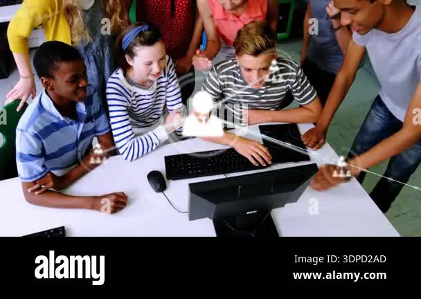 Students typing code in computer lab activating animated network icons ...