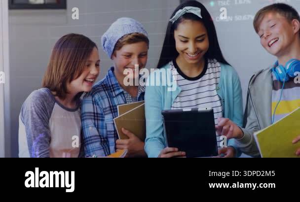 Students scrolling tablet data in education as instructor arrives ...