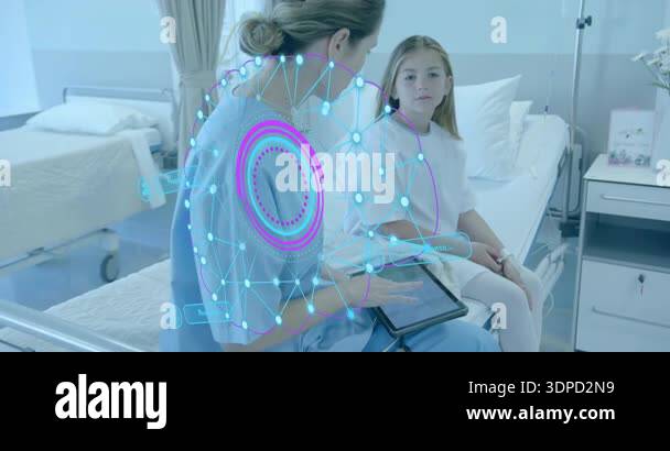 Clinician opening tablet beside child activating AI hologram analyzing ...