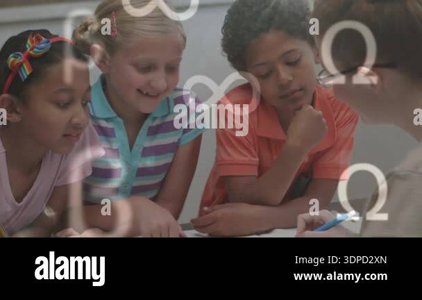 Animation of math symbols over happy diverse pupils learning. School ...
